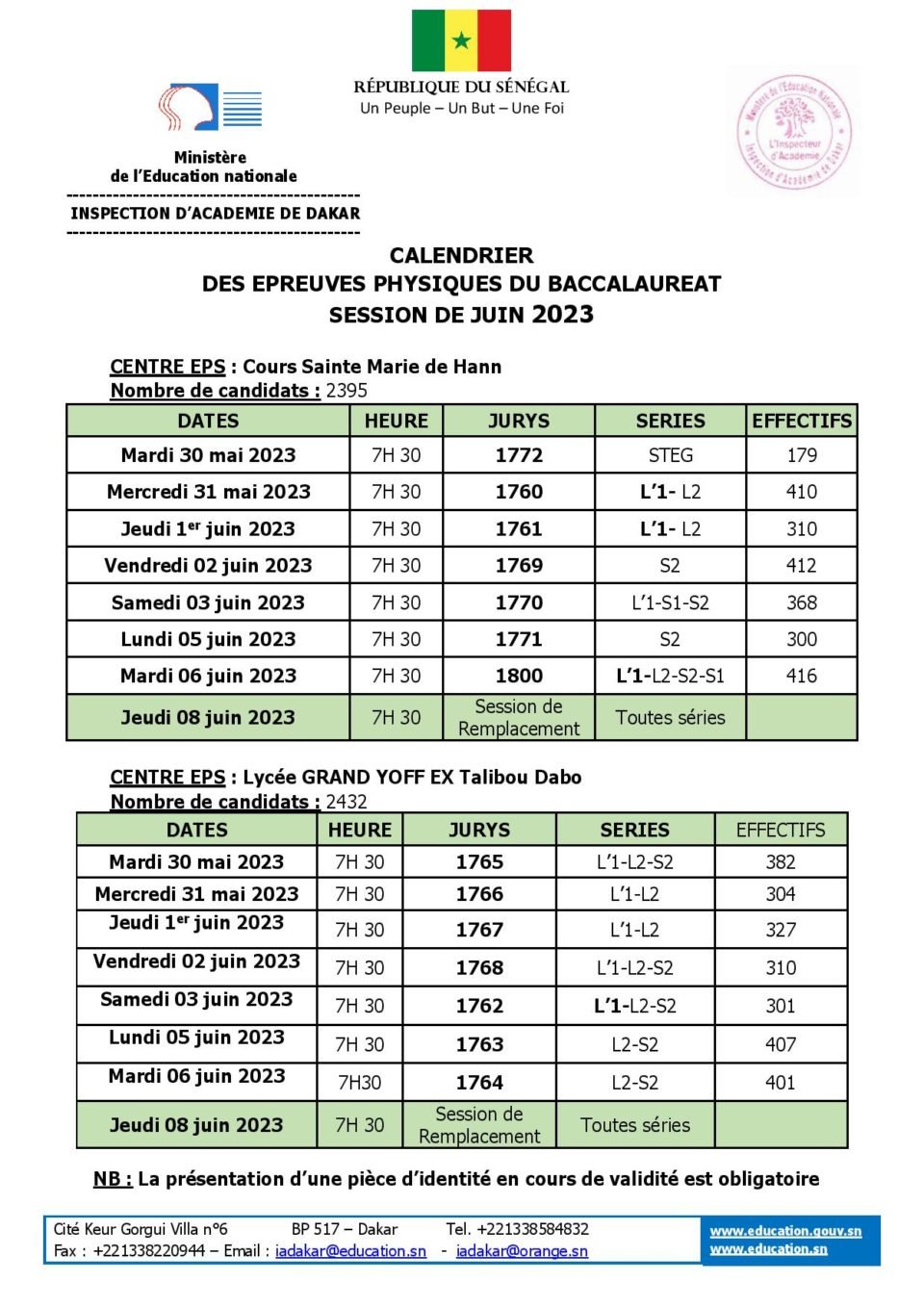 CALENDRIER DES EPREUVES PHYSIQUES BAC 2023 DE L'ACADEMIE DE DAKAR ...